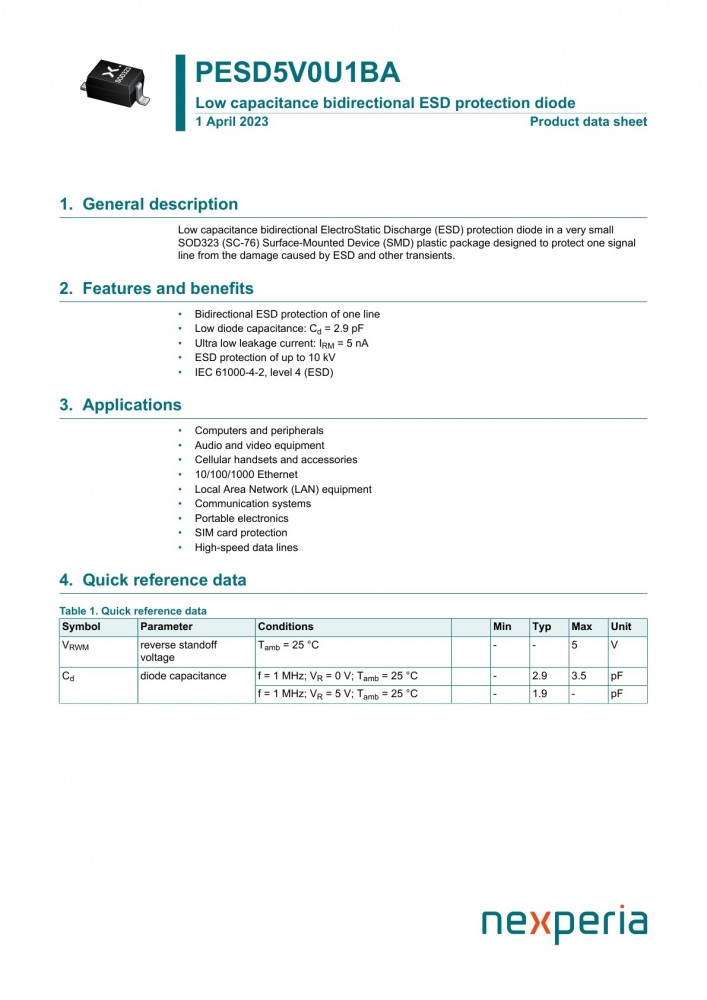 PESD5V0U1BA datasheet page 1