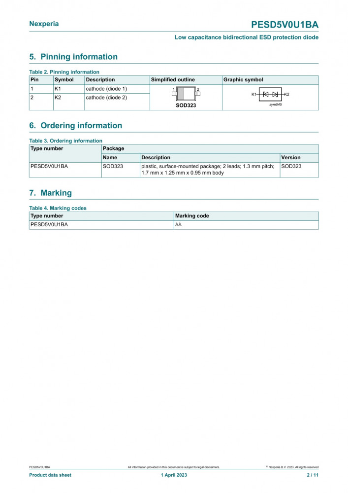 PESD5V0U1BA datasheet page 2