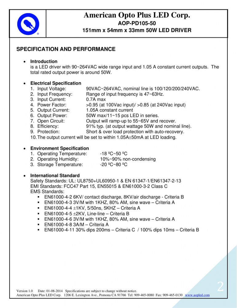AOP-PD105-50 technical documentation, page 2