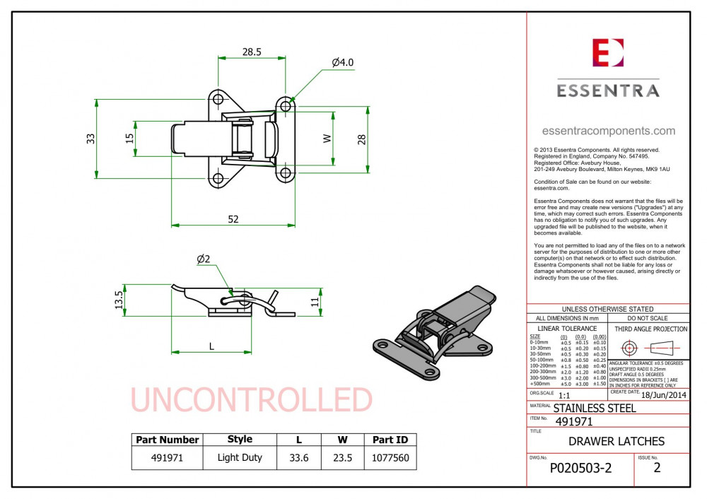 Essentra 491971 drawer latch technical drawing