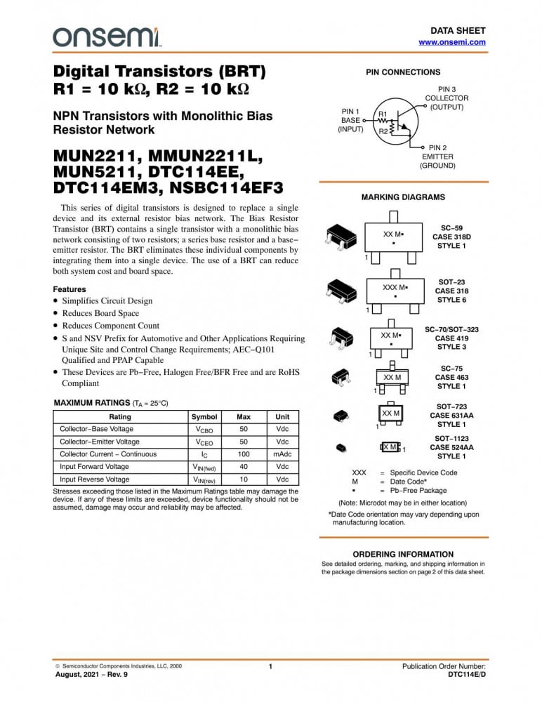MUN2211T1G datasheet page 1