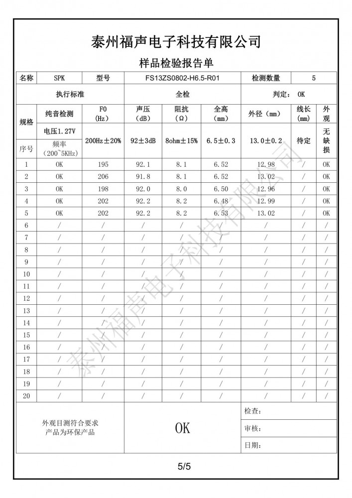 FS13ZS0802-H6.5-R01 inspection record page