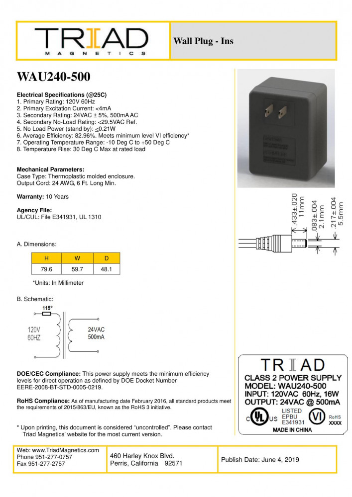 WAU240-500 product technical document preview