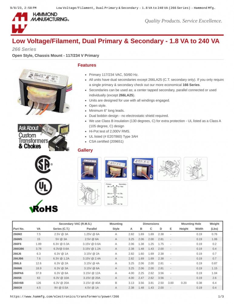 Hammond 266 Series technical document page 1