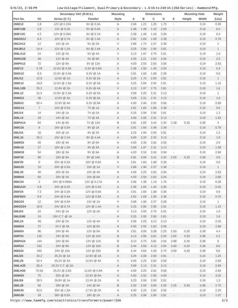 Hammond 266 Series technical document page 2