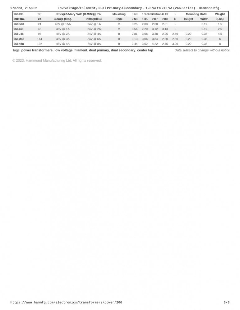 Hammond 266 Series technical document page 3