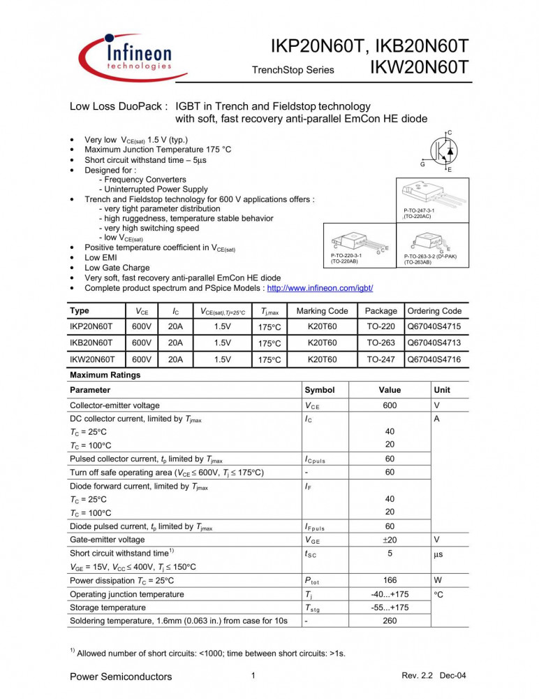 IKW20N60T datasheet page 1