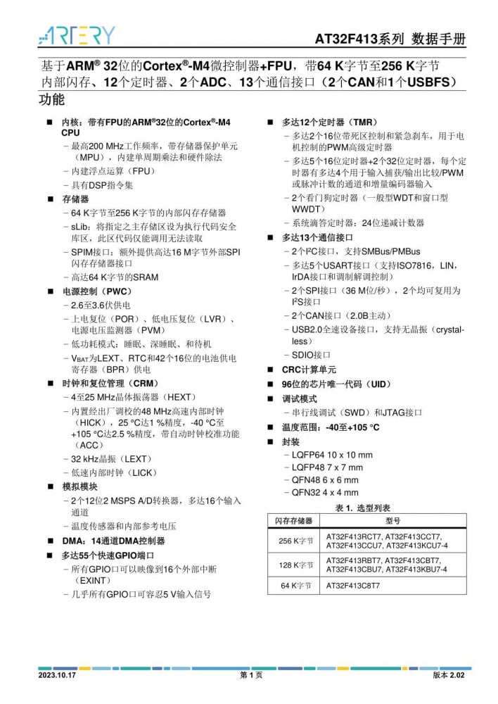 AT32F413 datasheet page 1
