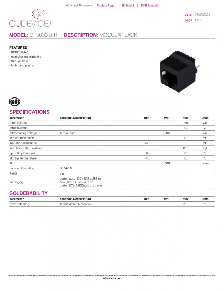 CRJ039-3-TH product documentation page 1