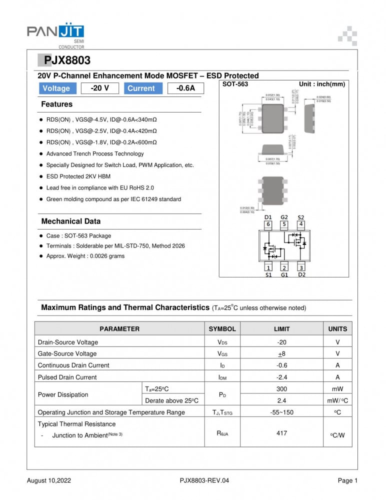 PJX8803 datasheet page 1