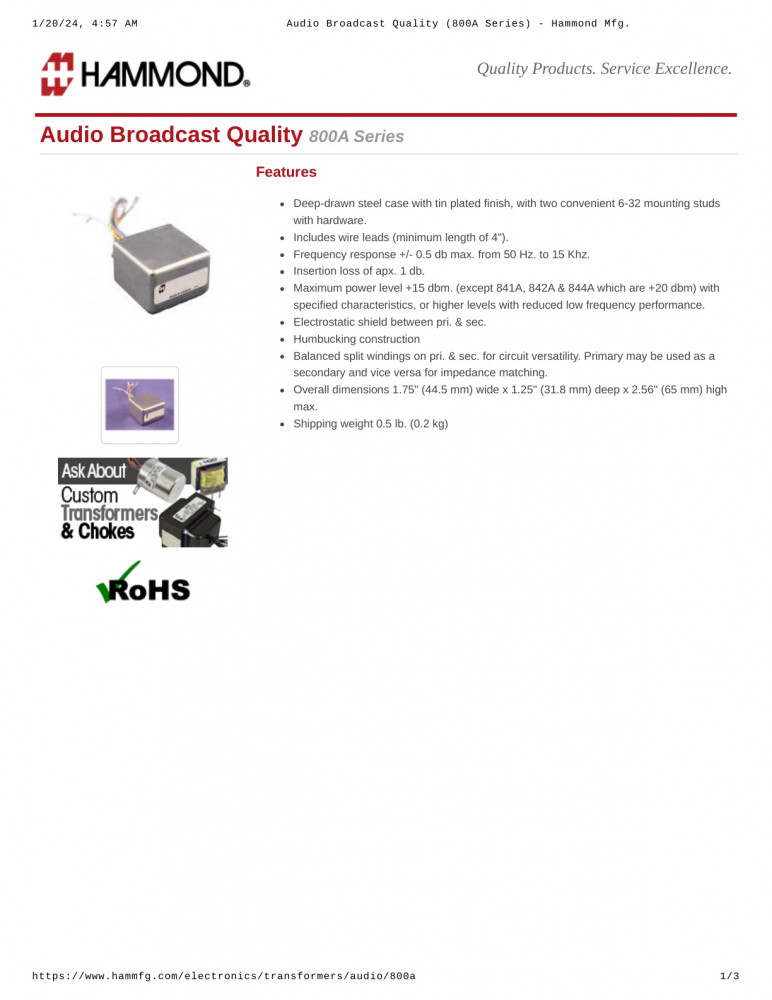 Hammond 800A Series documentation page 1