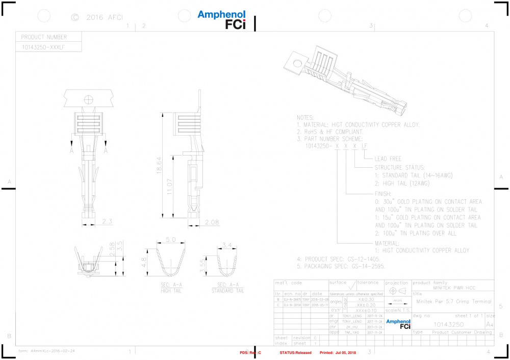 Amphenol 10143250 Minitek Pwr 5.7 Crimp Terminal drawing