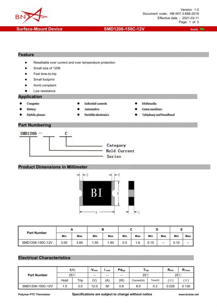 BNstar SMD1206-150C-12V datasheet page 1
