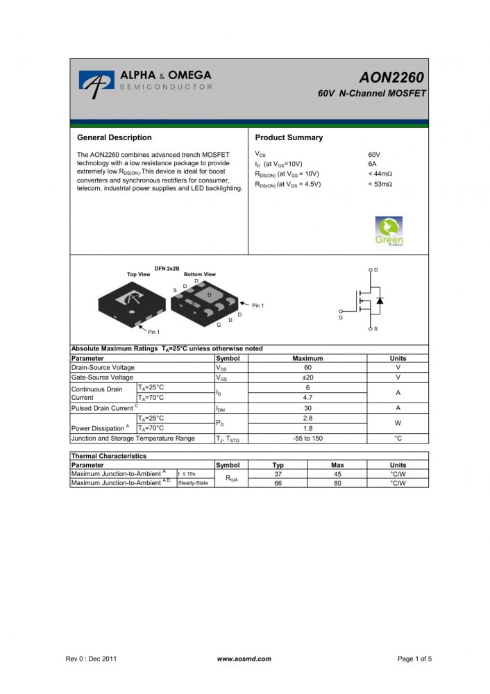 AON2260 datasheet page 1