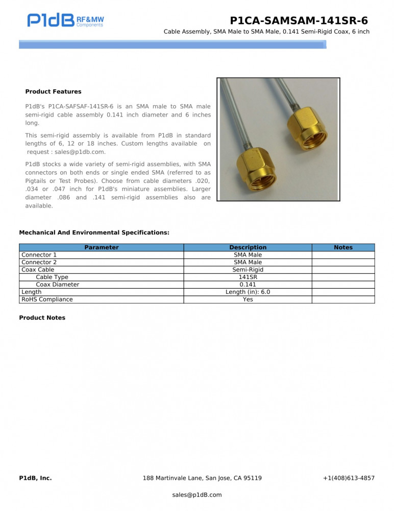 Product document preview for the semi-rigid coaxial cable assembly