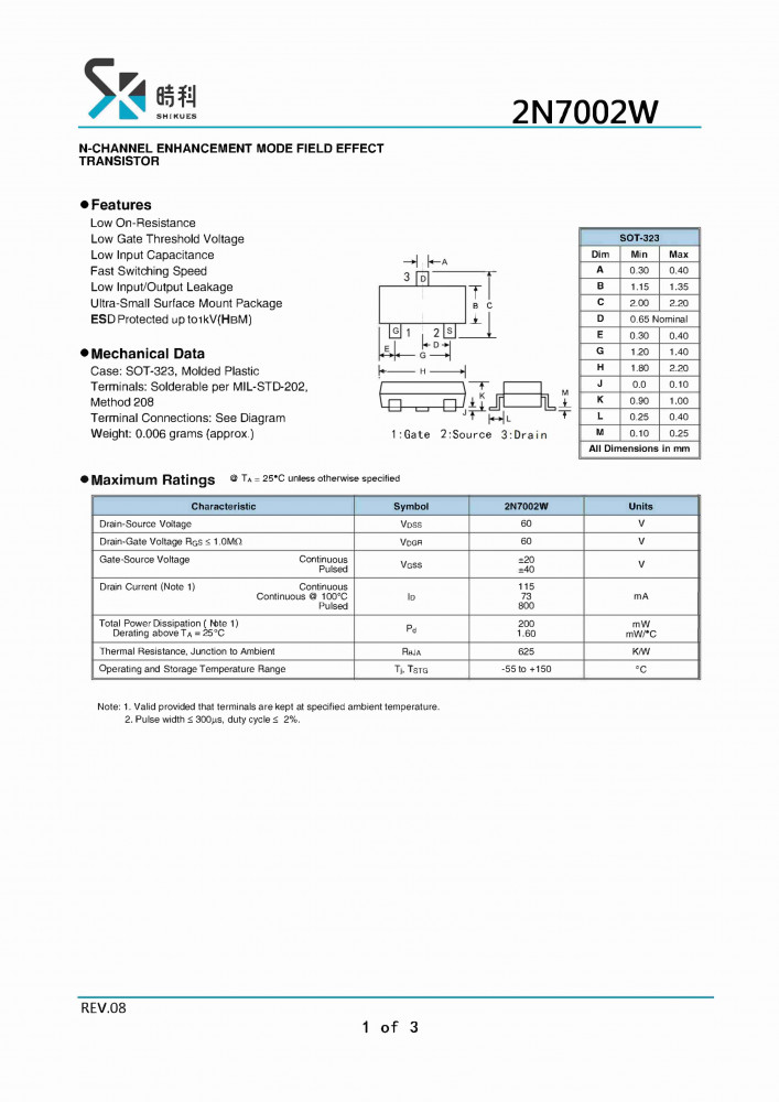 2N7002W datasheet page 1