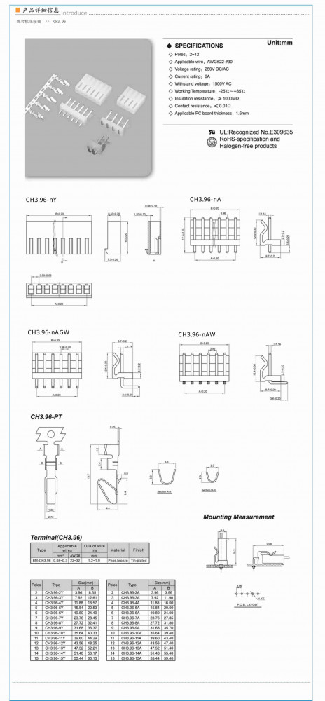 BOOMELE CH3.96 connector technical drawing