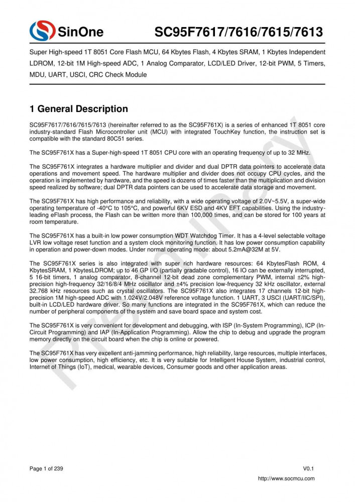SC95F761X datasheet preview, page 1