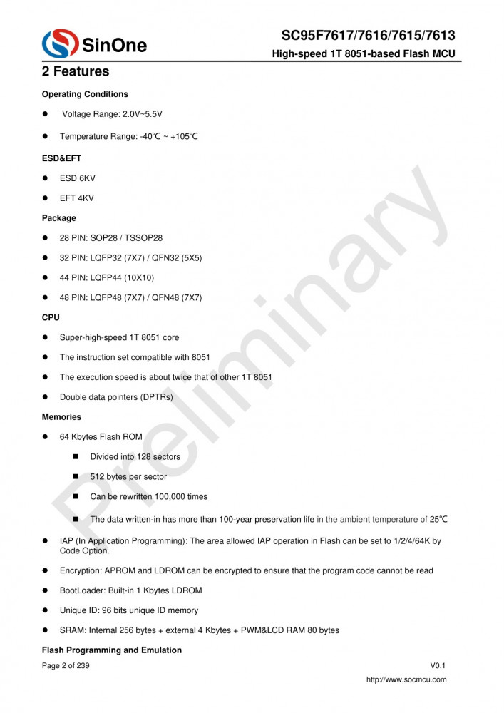 SC95F761X datasheet preview, page 2