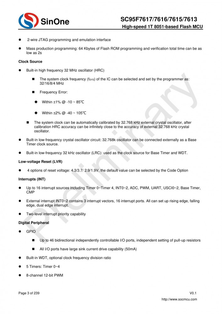 SC95F761X datasheet preview, page 3