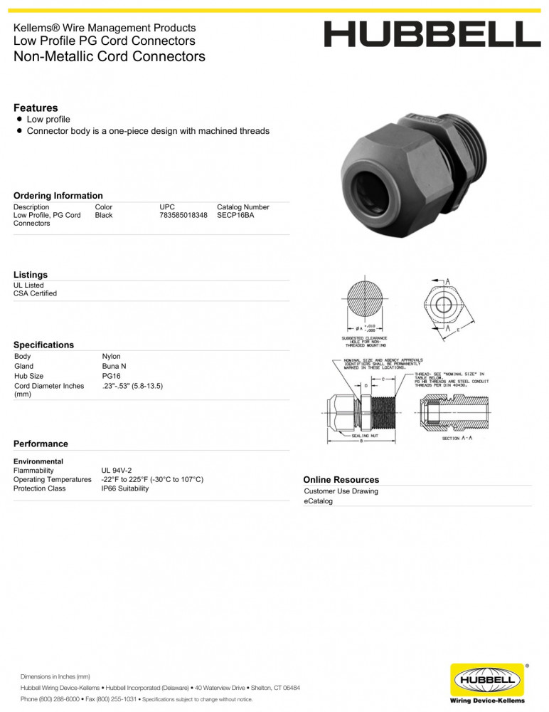 Burndy SECP16BA product drawing and dimensional reference