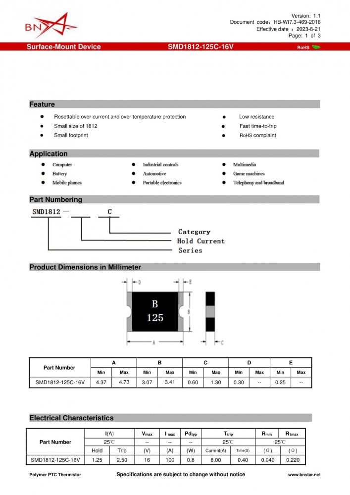 BNstar SMD1812-125C-16V datasheet page 1