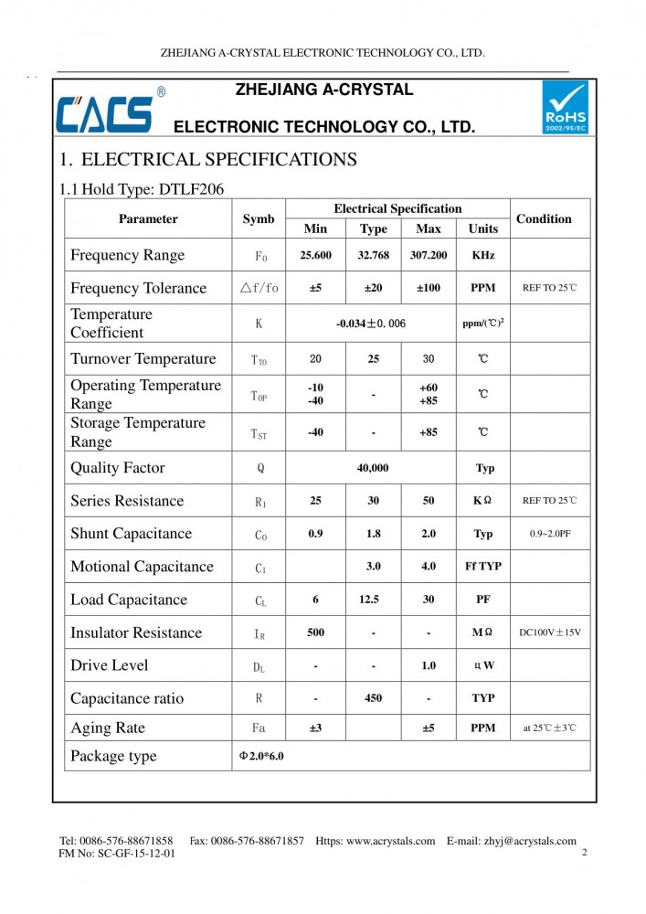 DTLF206 specification document, page 2