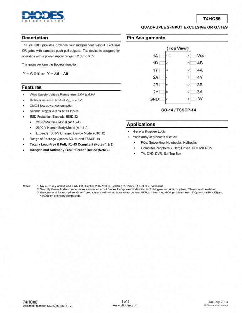 74HC86T14-13 datasheet page 1