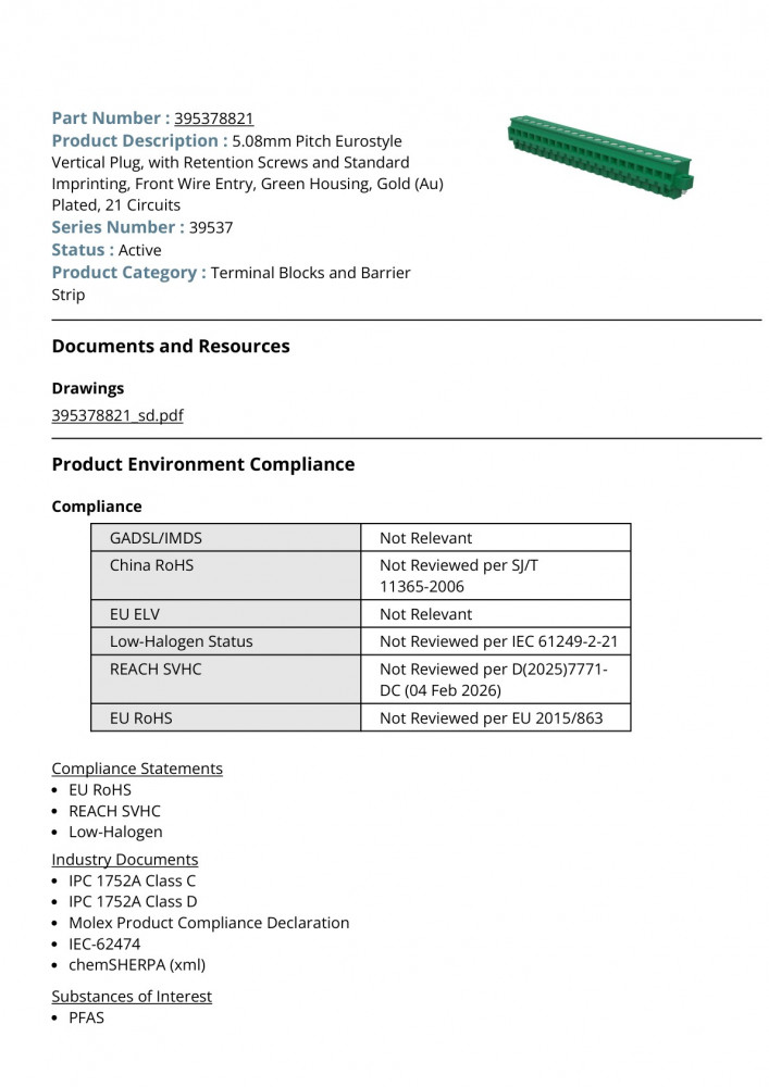 MOLEX series 39537 technical drawing, page 1