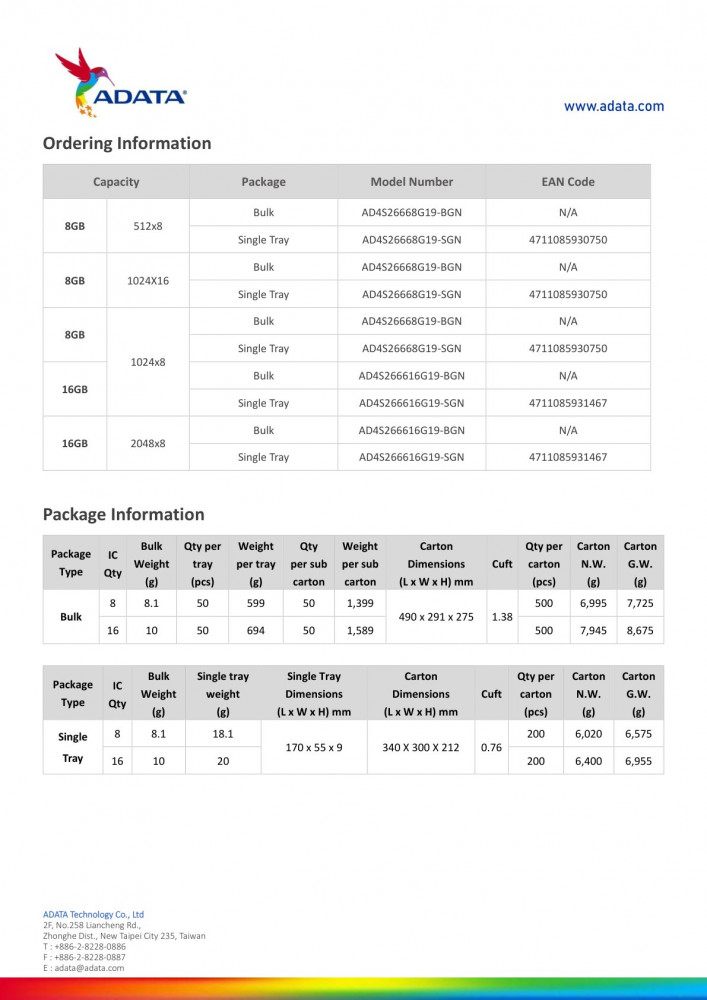 ADATA Premier DDR4 2666 SO-DIMM datasheet page 2
