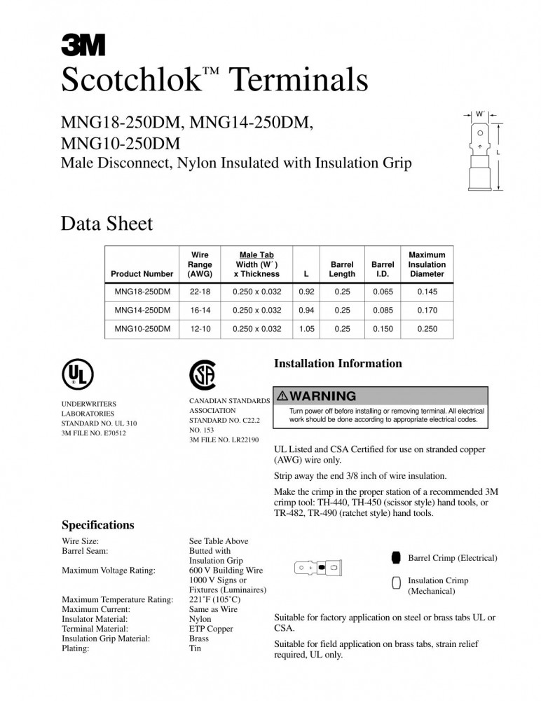 3M MNG10-250DMIK Scotchlok terminal technical document page 1