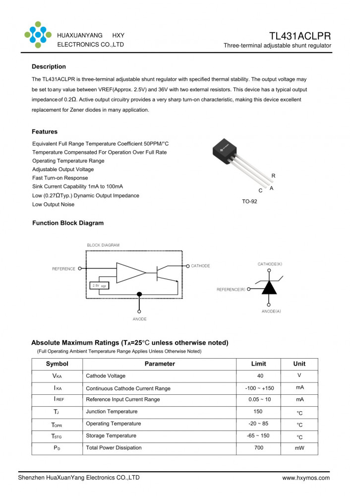 TL431ACLPR-HXY technical document page 1
