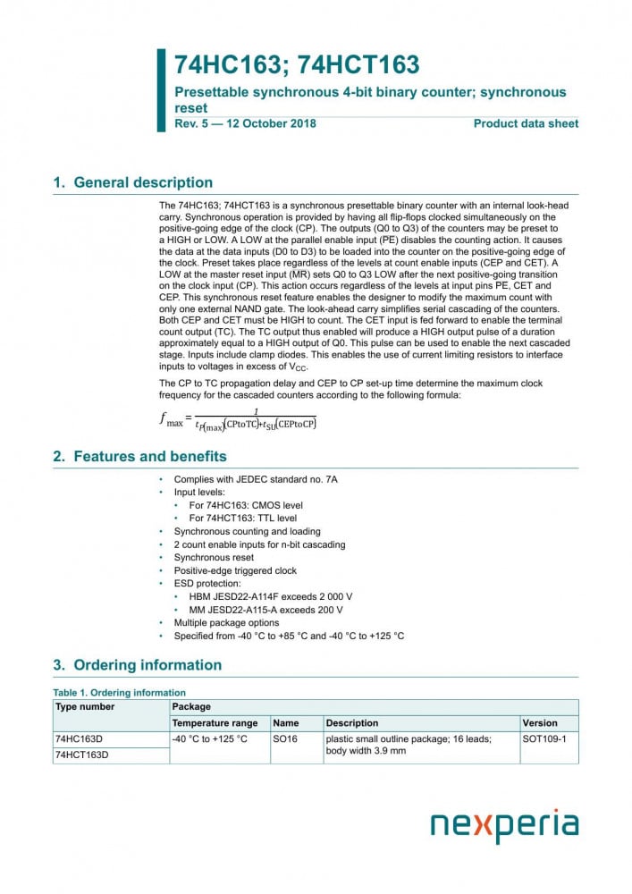 74HCT163 datasheet page 1