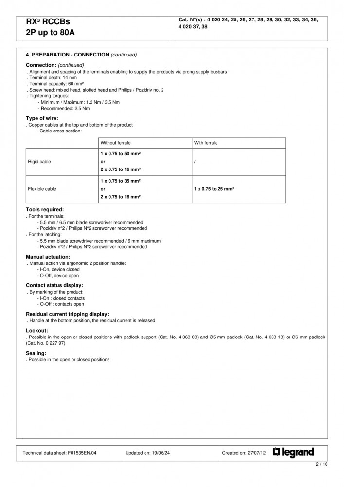 Legrand RX³ RCCB technical document, page 2
