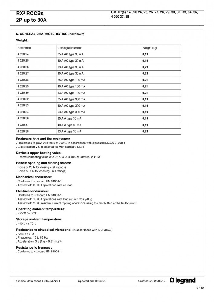 Legrand RX³ RCCB technical document, page 6