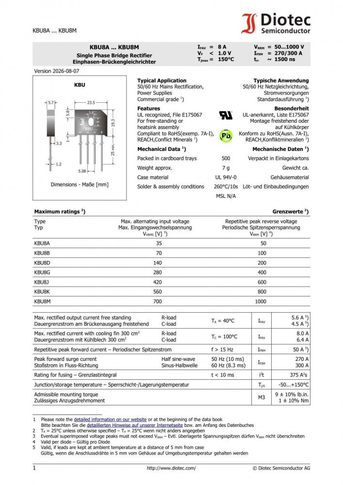KBU8A datasheet page 1