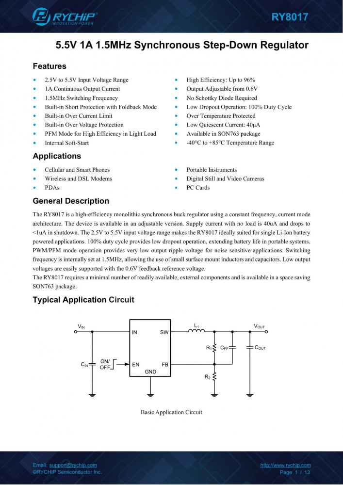 RY8017 datasheet page 1
