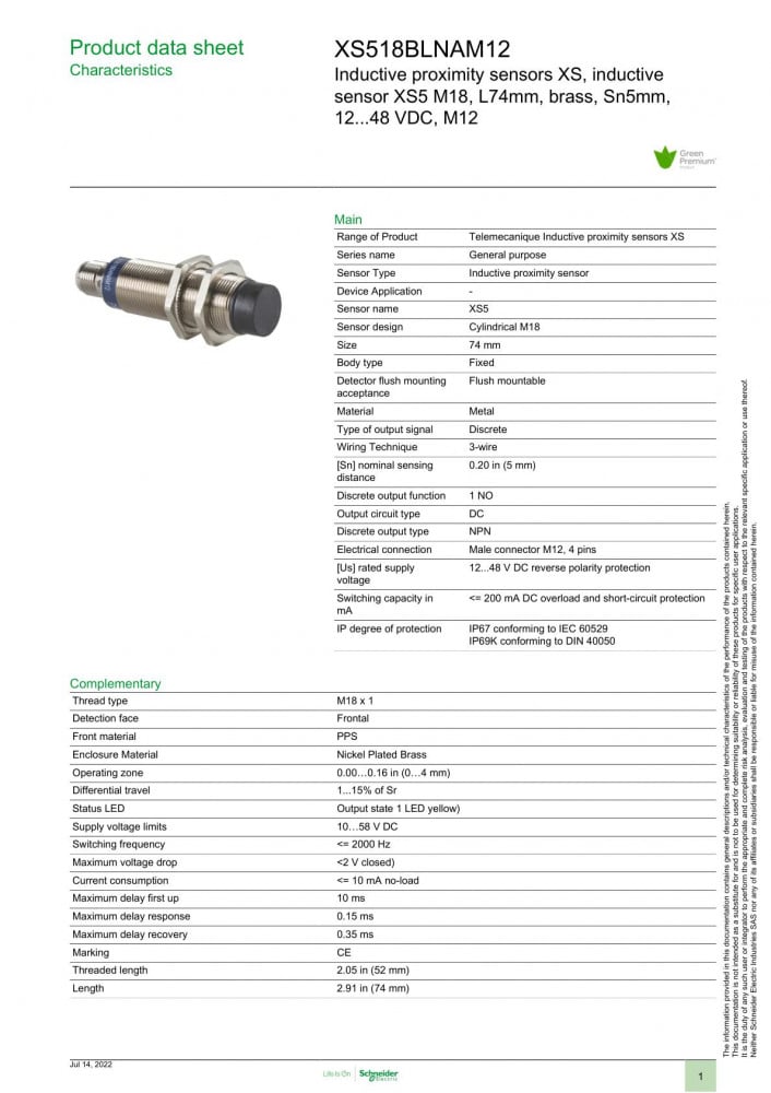 XS518BLNAM12 technical document page 1