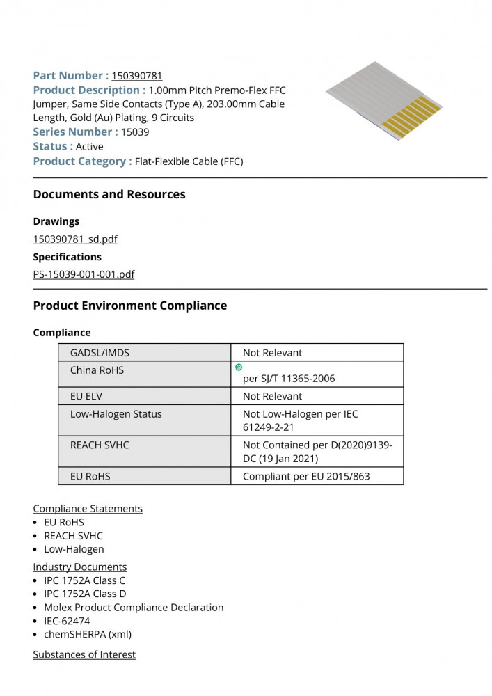 Molex FFC family specification page 1