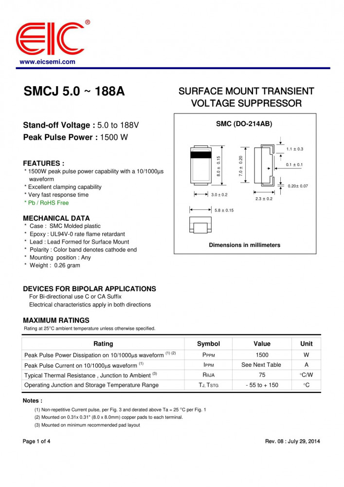 EIC SMCJ series datasheet page 1