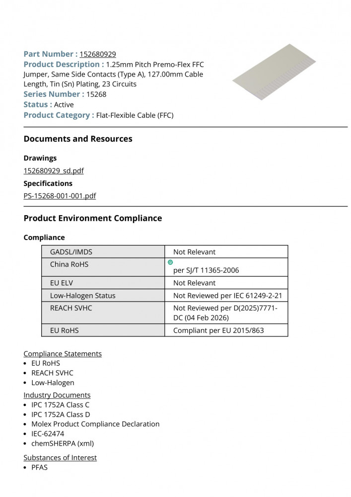 Molex 1.25 mm pitch FFC family specification, page 1