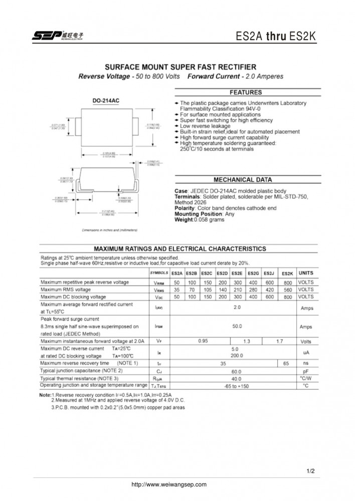 SEP ES2J(SMA) datasheet page 1
