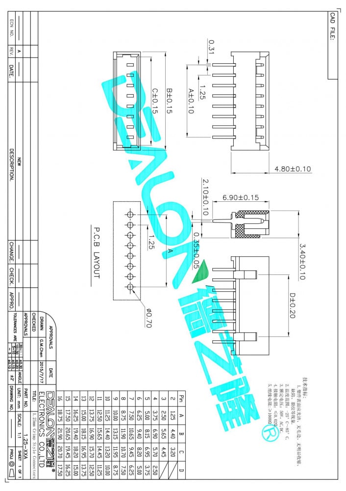 DEALON 1.25 mm crimp style connector drawing preview