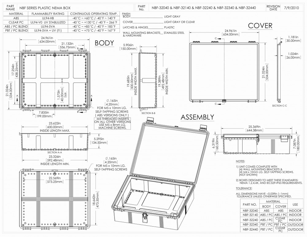 Bud Industries NBF Series plastic enclosure product drawing