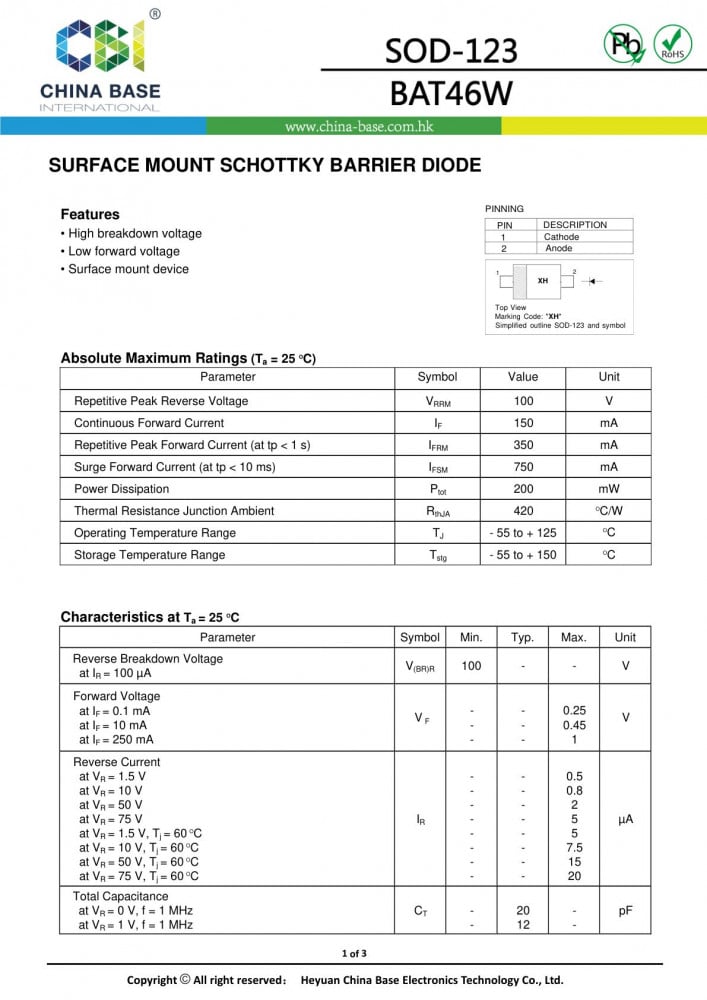 BAT46W datasheet page 1