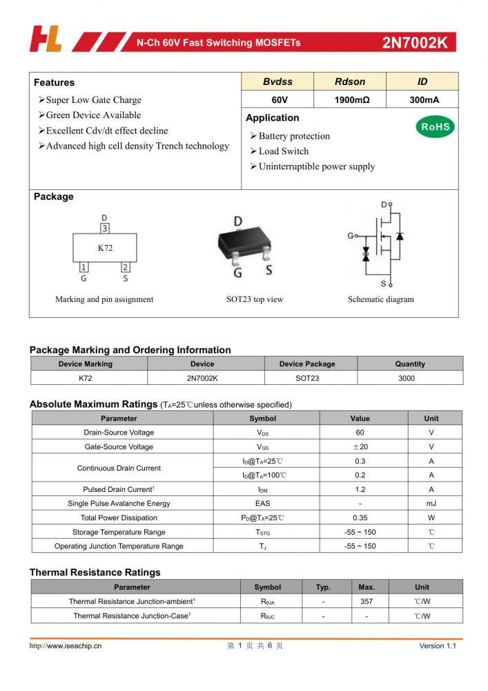 2N7002K datasheet page 1