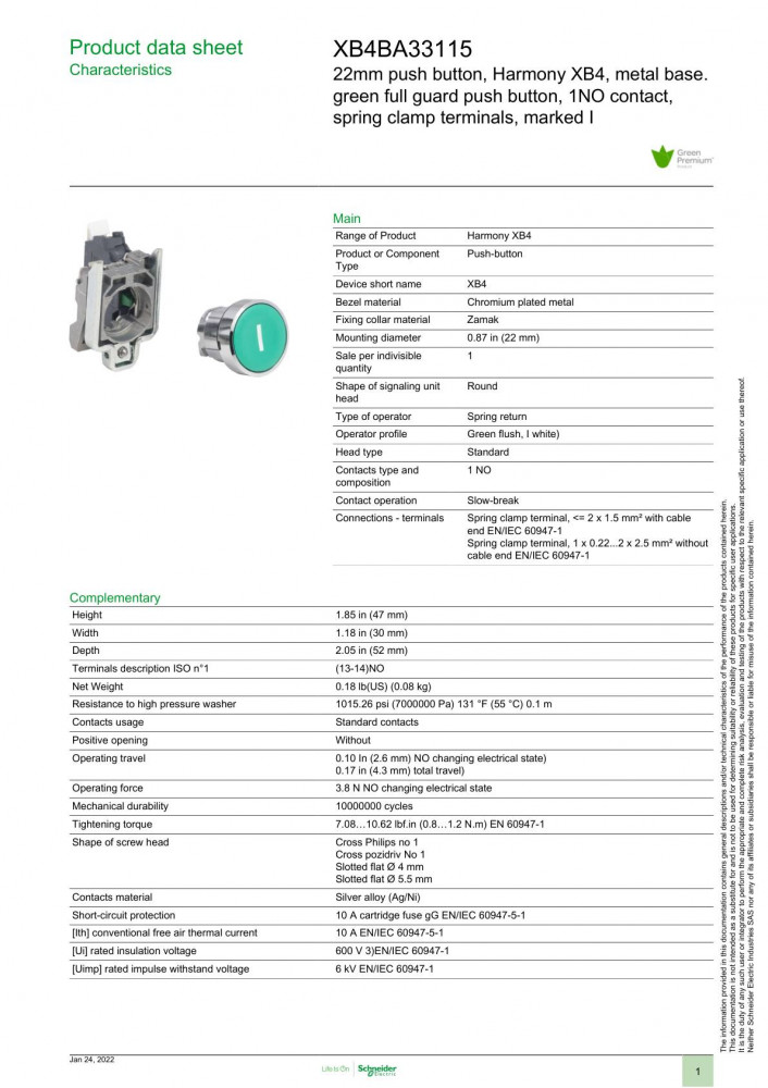 XB4BA33115 technical document page 1