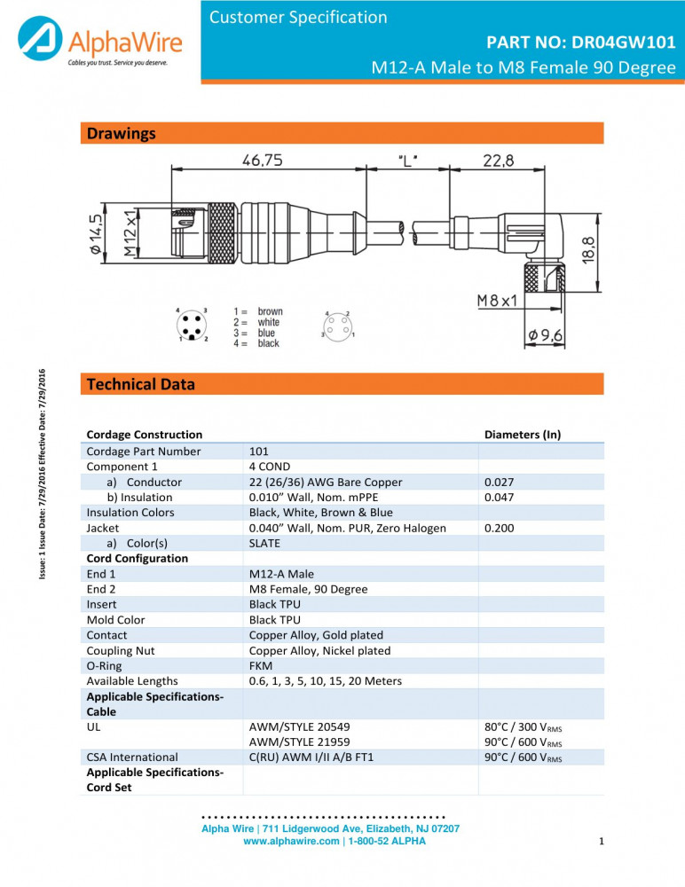 Alpha Wire DR04GW101 SL357 technical drawing and data sheet page 1
