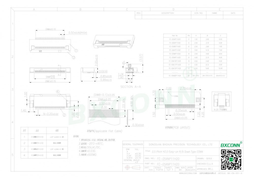 BXCONN FC-05A13P11H20 technical drawing page 1