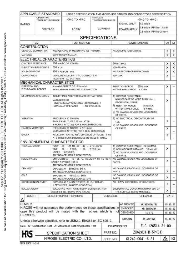 HRS ZX62MD1-B-5P(31) specification sheet page 1